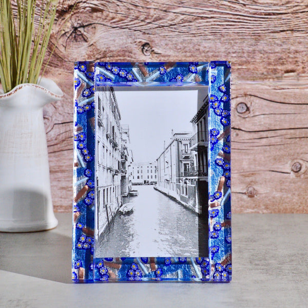 Blue Murano Glass Millefiori 5" x 7" Photo Frame, Made in Italy